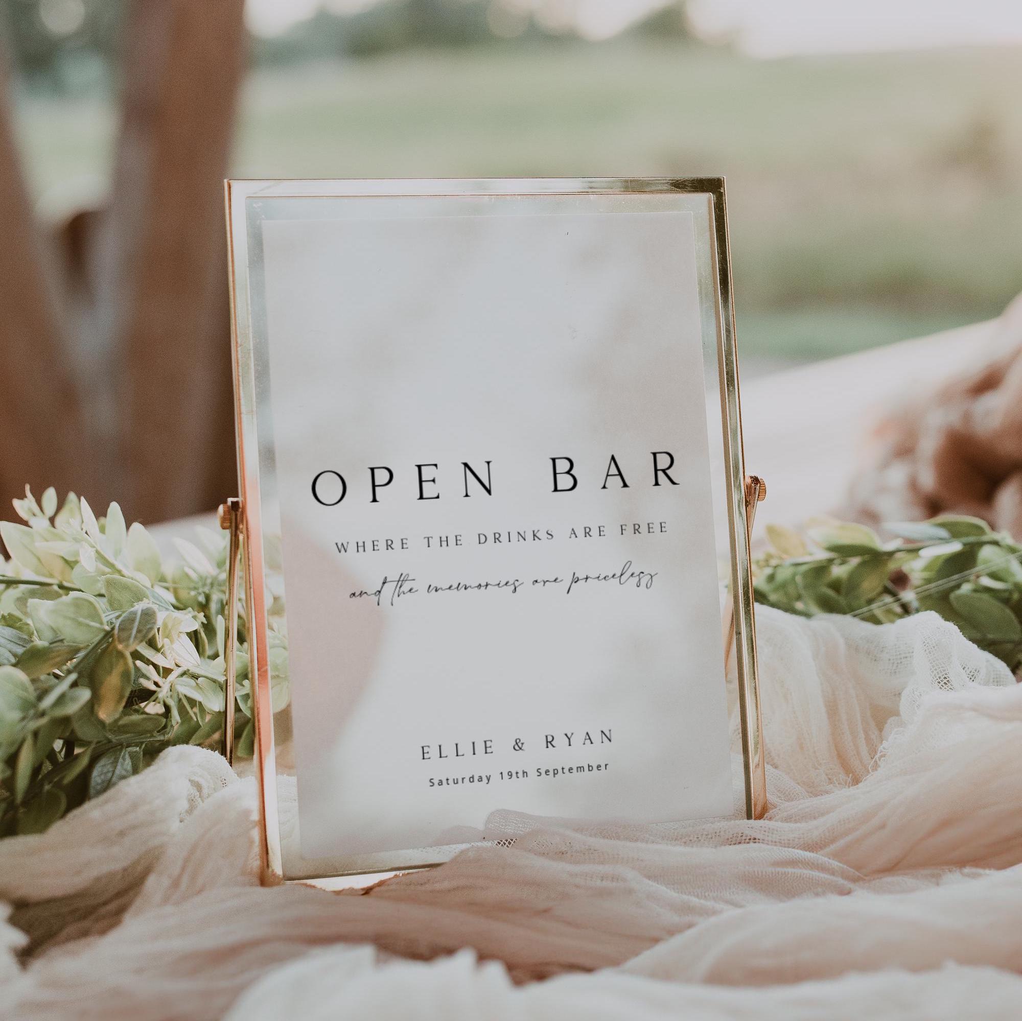 ELLIE Modern Wedding Open Bar Sign Template Download, Minimal Open Bar ...