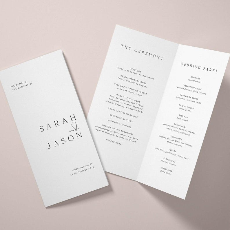 SARAH Minimal Bifold Wedding Program Template, Foldable Wedding Program ...