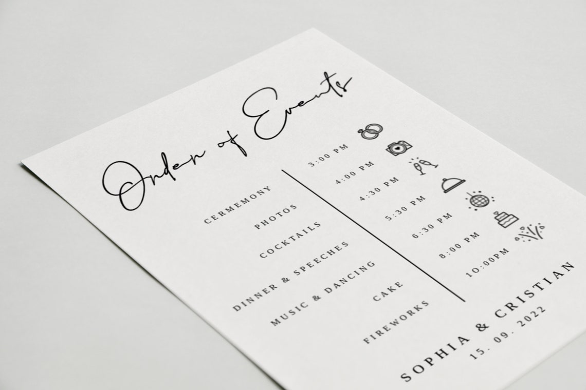 Minimal Wedding Order of Events Card Instant Download, Wedding Timeline ...