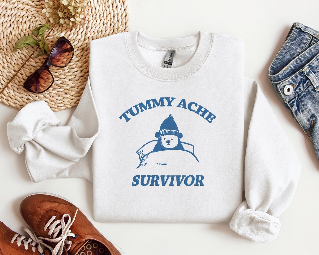 Tummy Ache Survivor Bear in Bed Embroidered Crewneck Sweatshirt, Humor ...