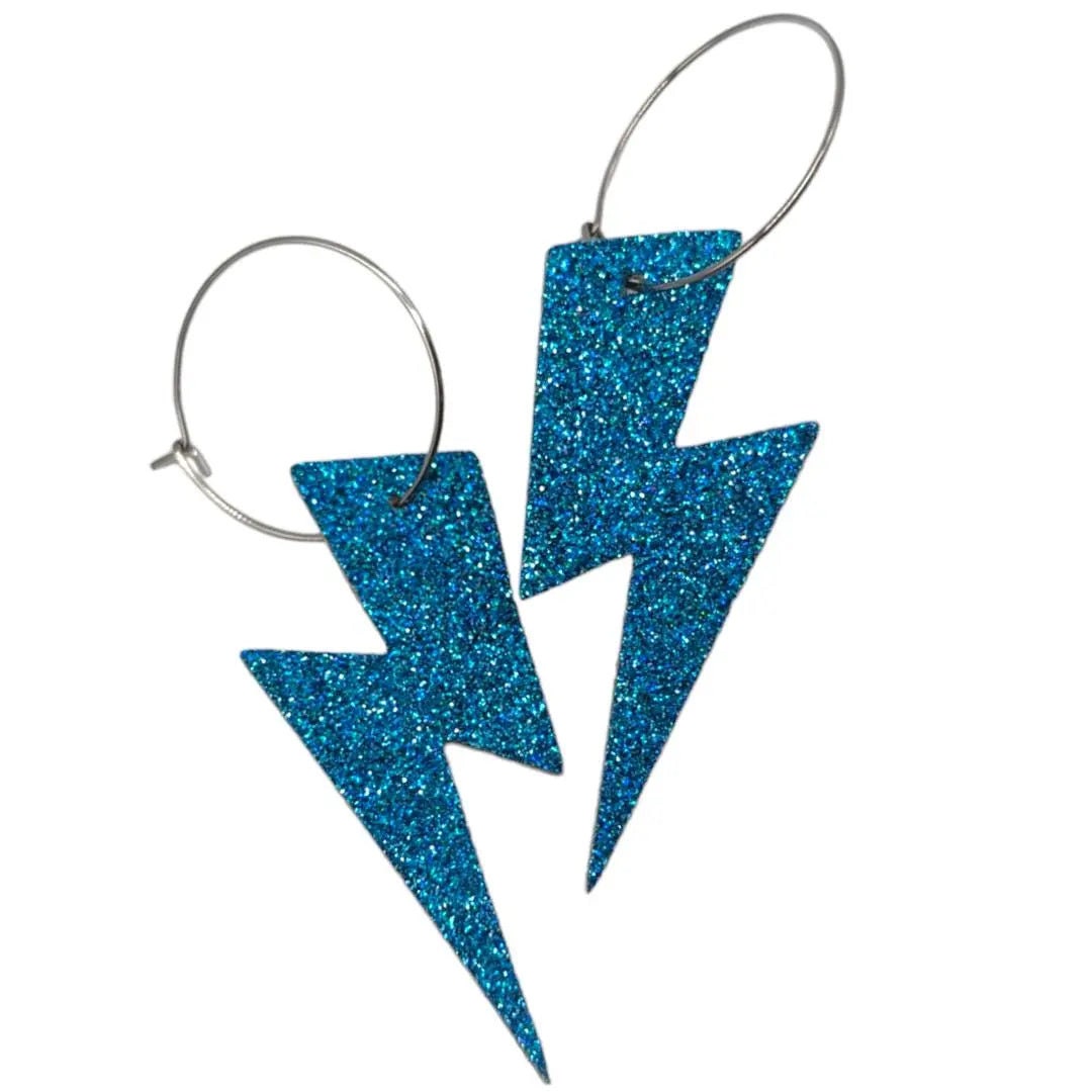 Blue Glitter Lightning Bolt Hoop Earrings - Etsy