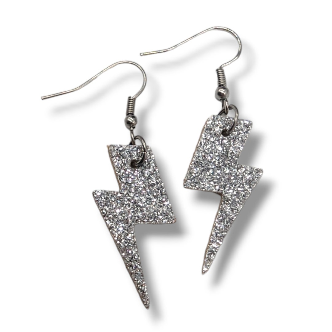 Mini Silver Glitter Lightning Bolt Earrings - Etsy