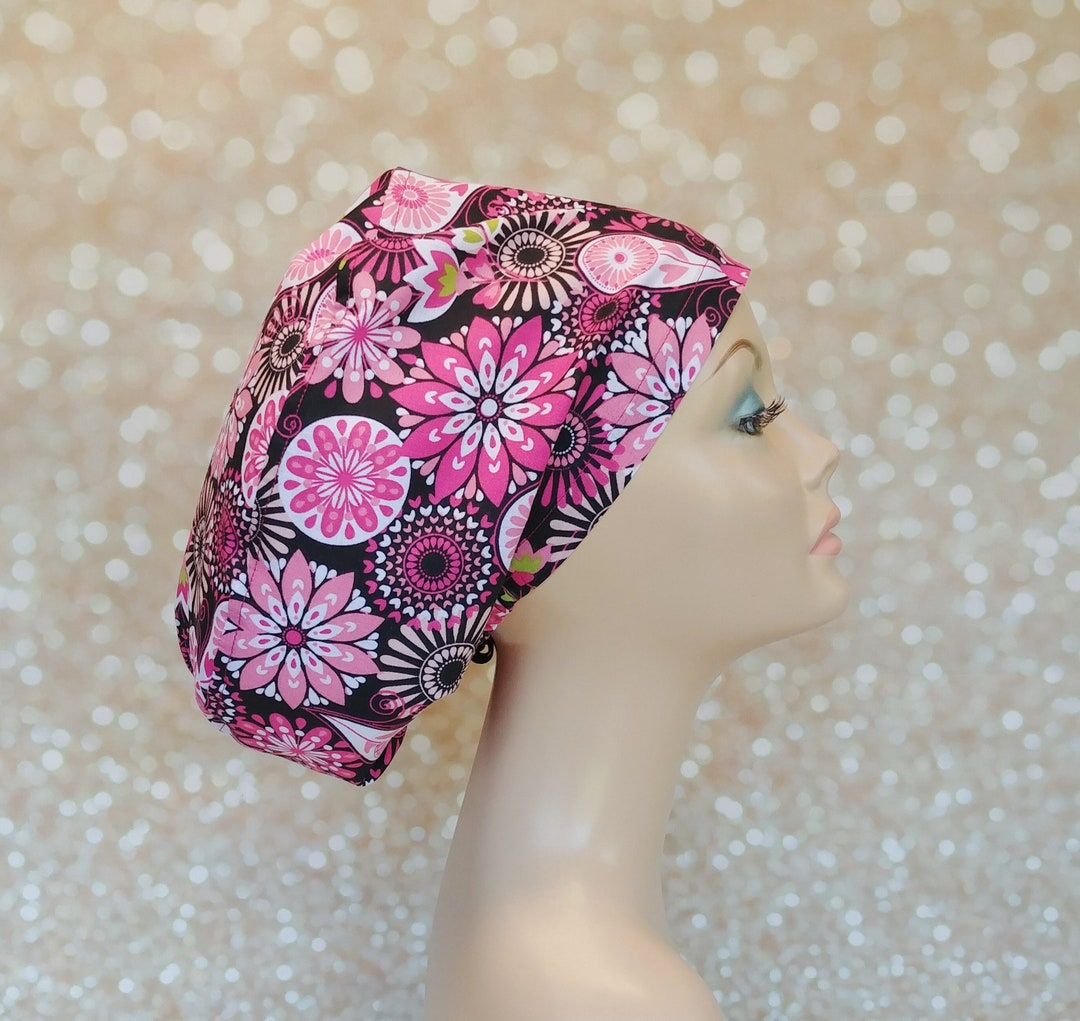 Pink Floral Euro Scrub Caps for Women, Surgical Cap Women, Scrub Hats ...