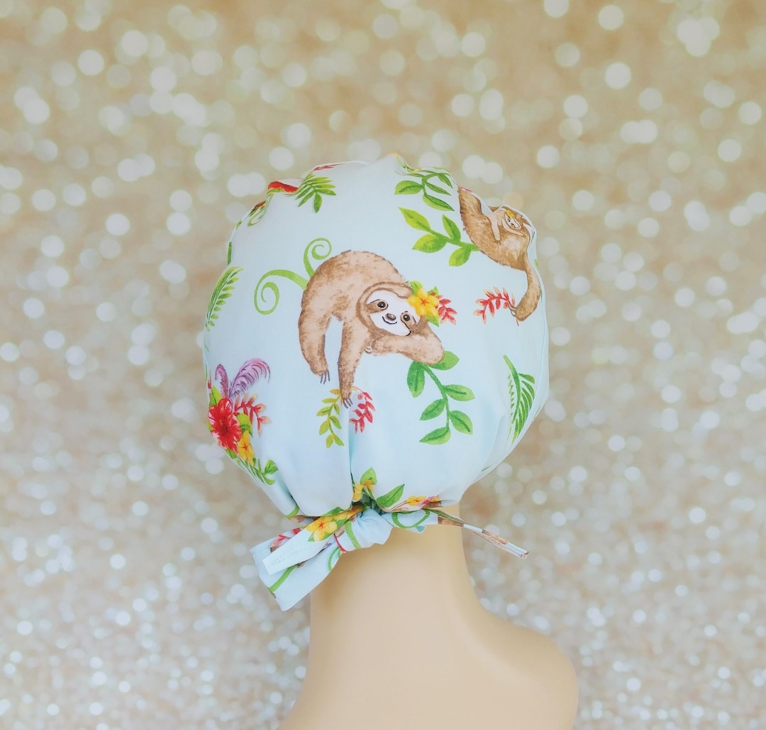 Sloths Women Scrub Caps With Buttons, Doctors, Nurses, Vet Tech ...