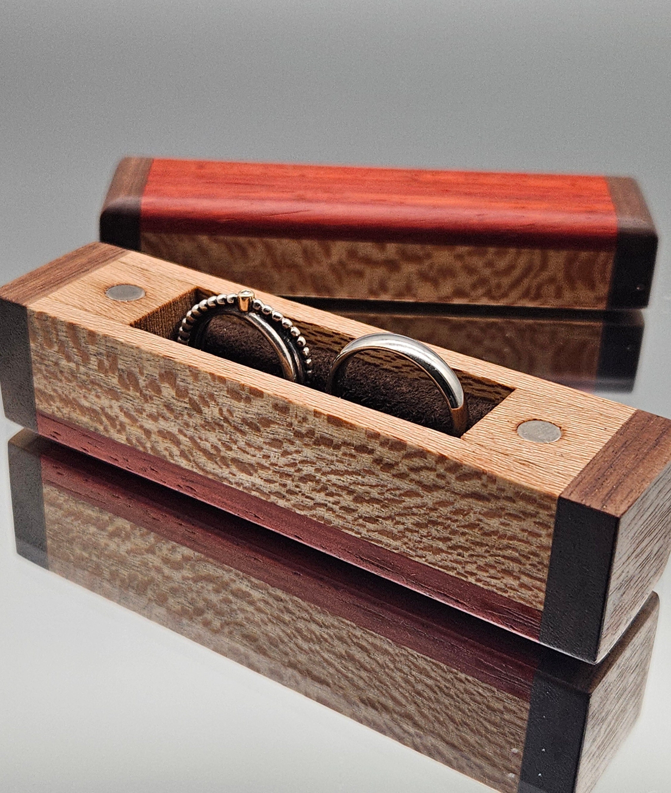 Double Straight Cut Ring Box Made From Leopard Wood, Walnut, and Padauk ...