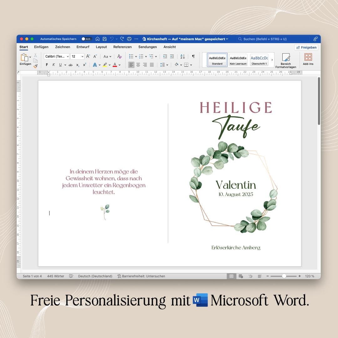 Kirchenheft Taufe, 8 Seiten, Digitale Microsoft Word Vorlage ...