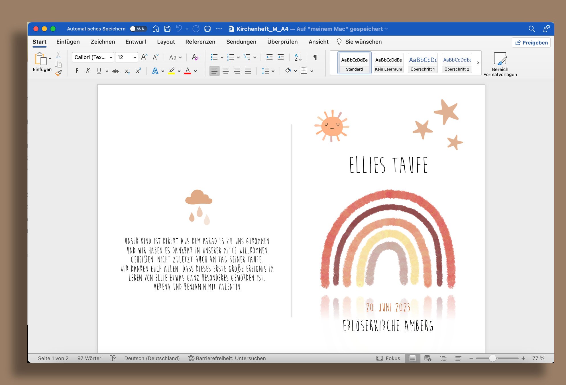 DIGITAL Kirchenheft Taufe Umschlag frei editierbar MS Word - Etsy.de