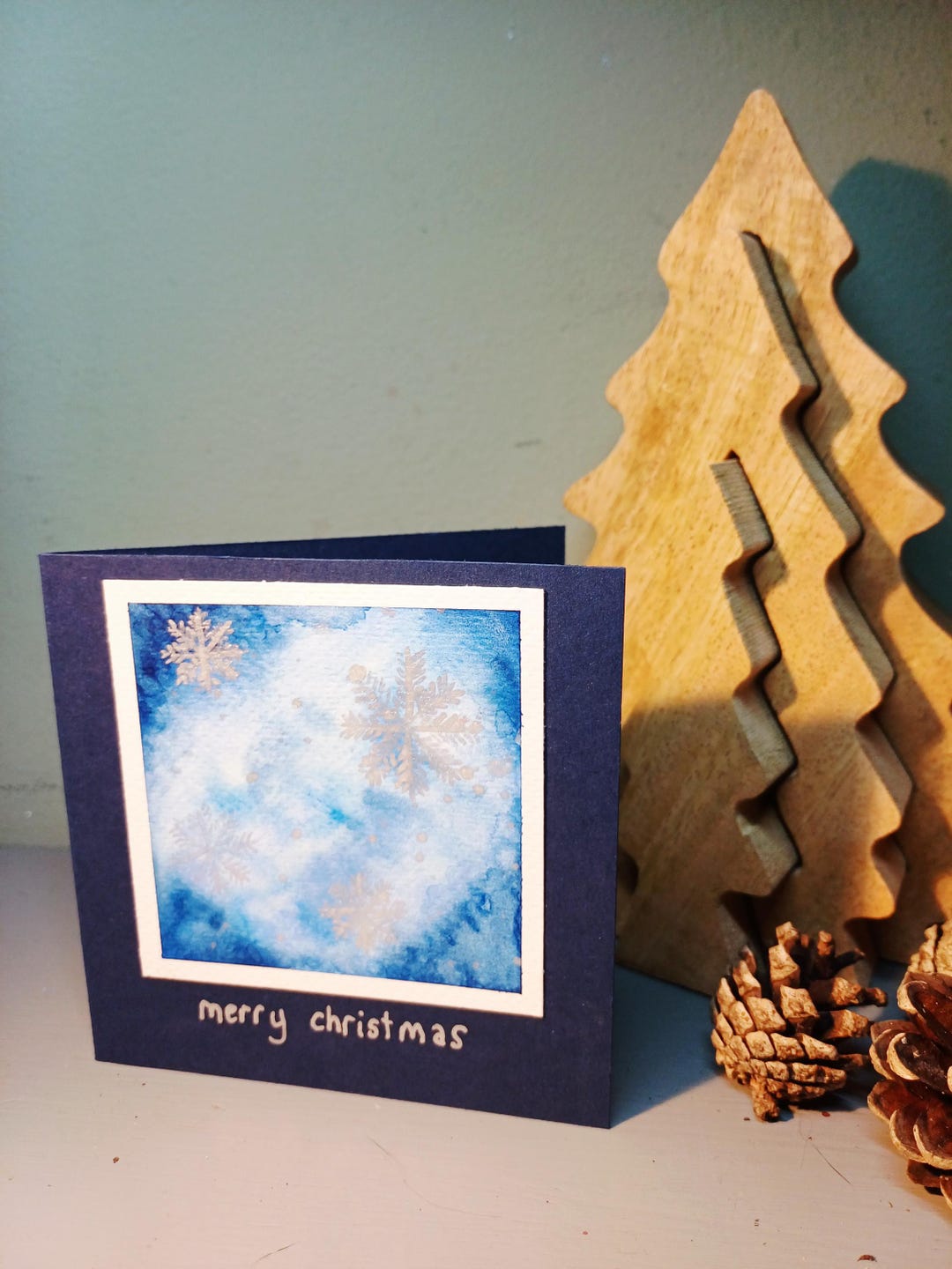 Hand Painted Watercolour Christmas Card With Silver Snowflake Design ...