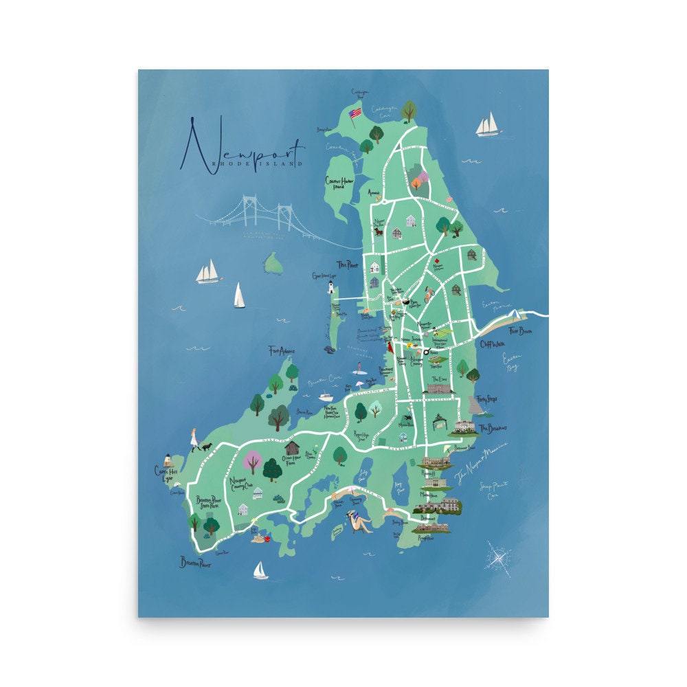 Newport RI Map Modern Illustrated in Seafoam Green - Etsy