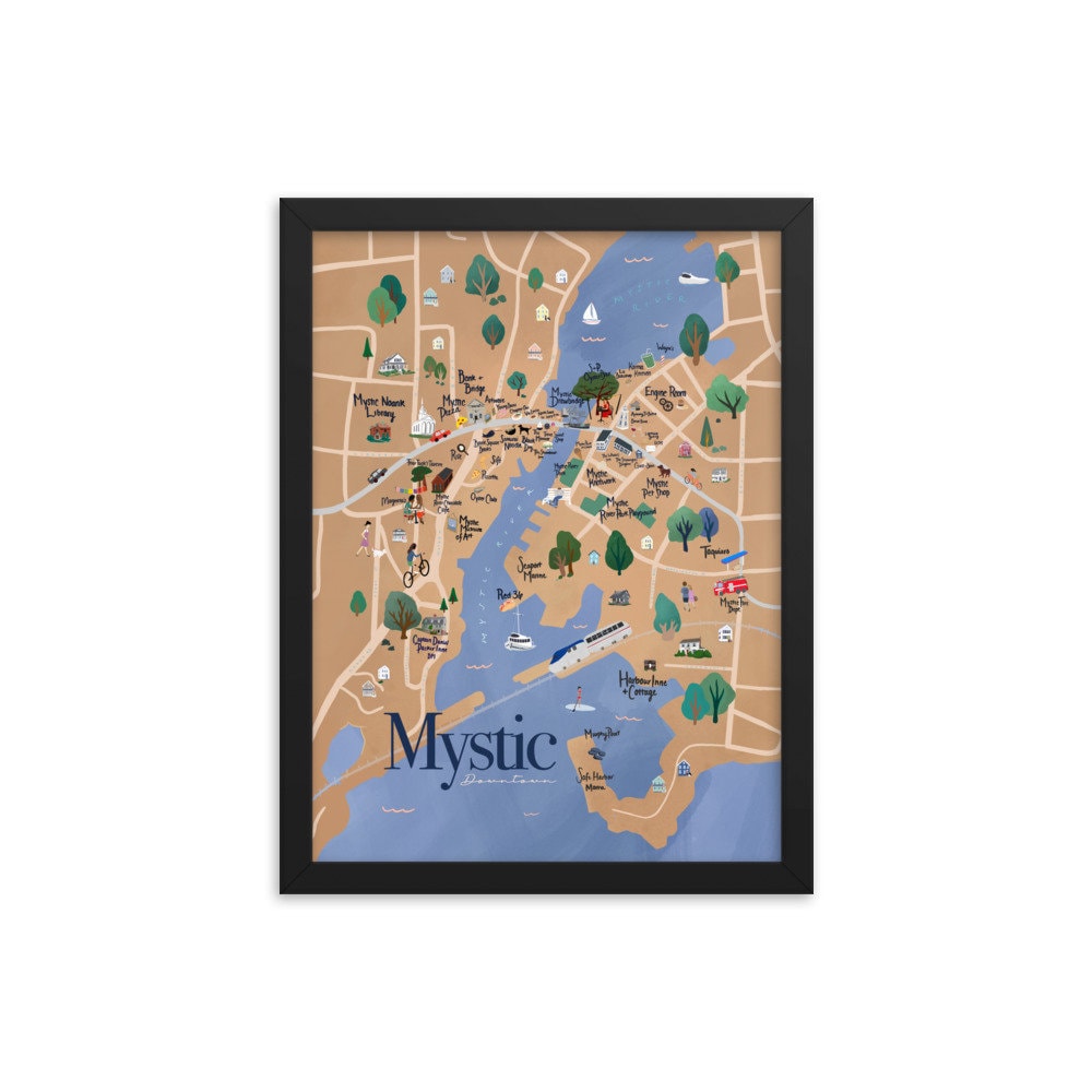 Framed Mystic CT Map, Mystic CT Art, Mystic Print, Mystic Ct Art Modern ...