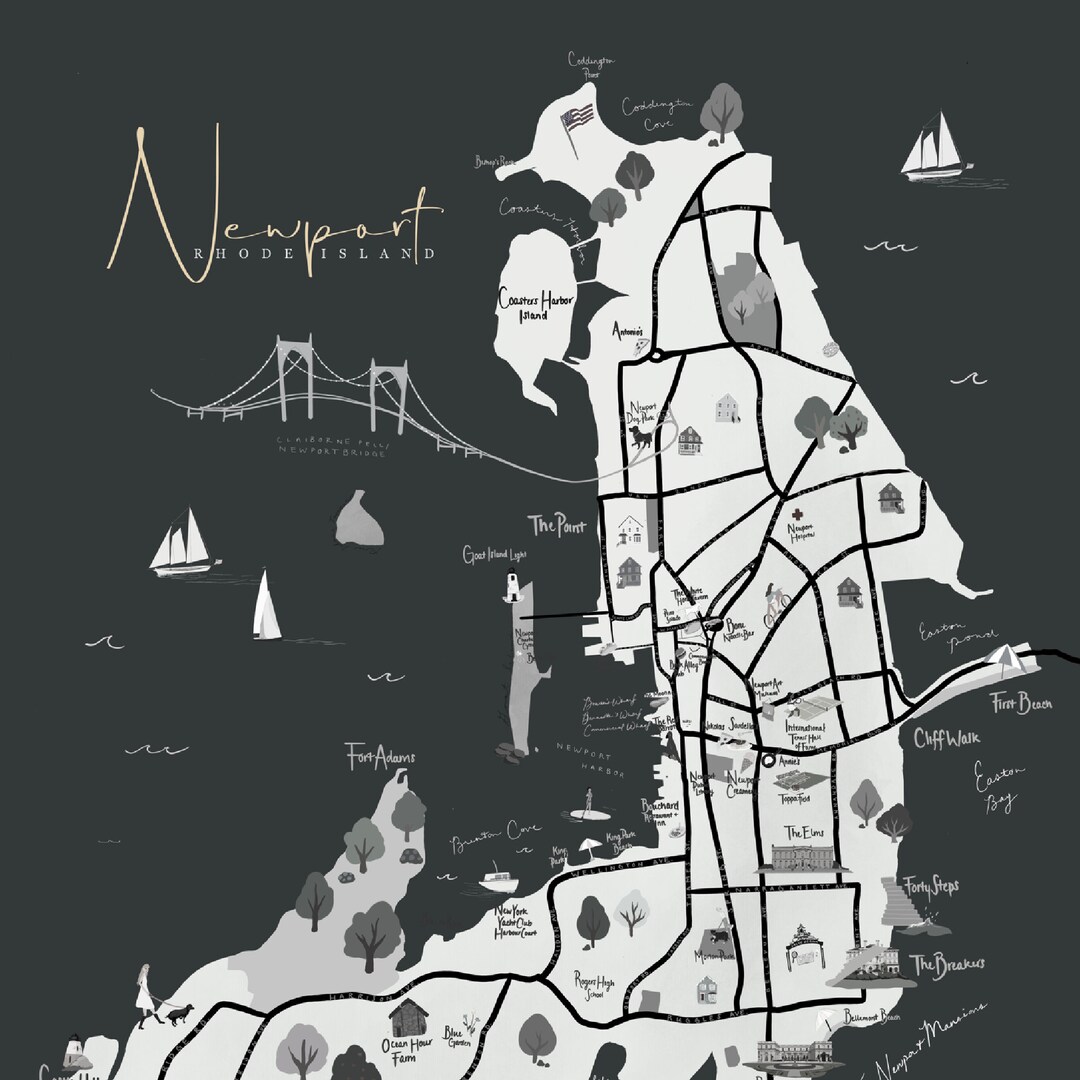 Map of Newport RI Framed in Sleek Matte Black Hand Illustrated ...