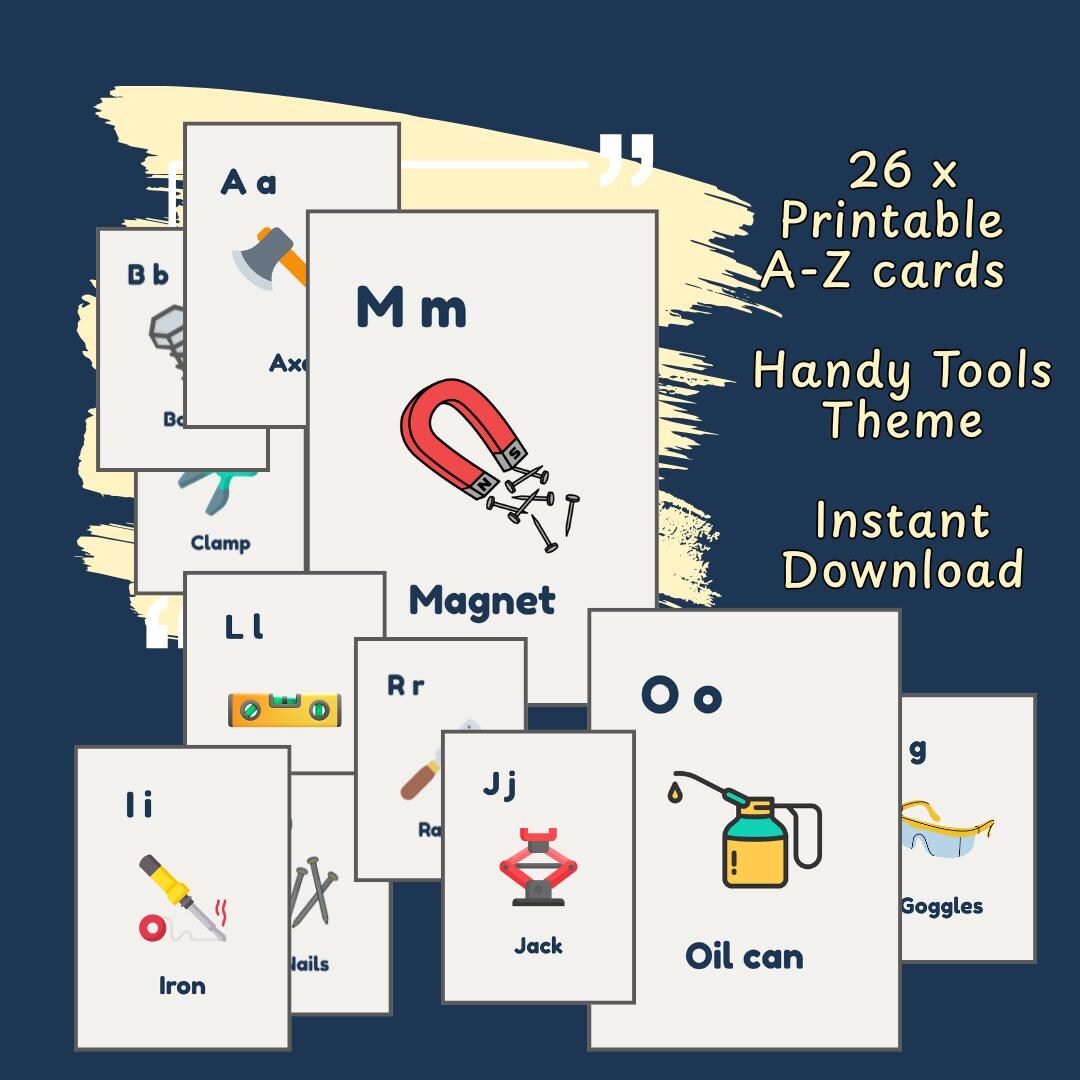 Printable ABC Alphabet Cards for Kids, Handy Tools Theme, 26 A6 Cards ...