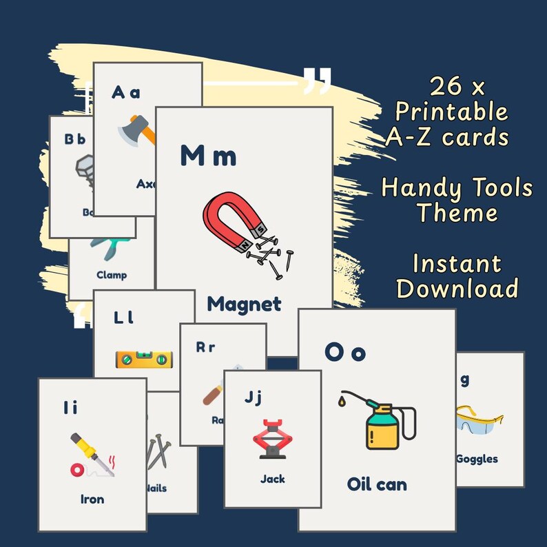 Printable ABC Alphabet Cards for Kids, Handy Tools Theme, 26 A6 Cards ...