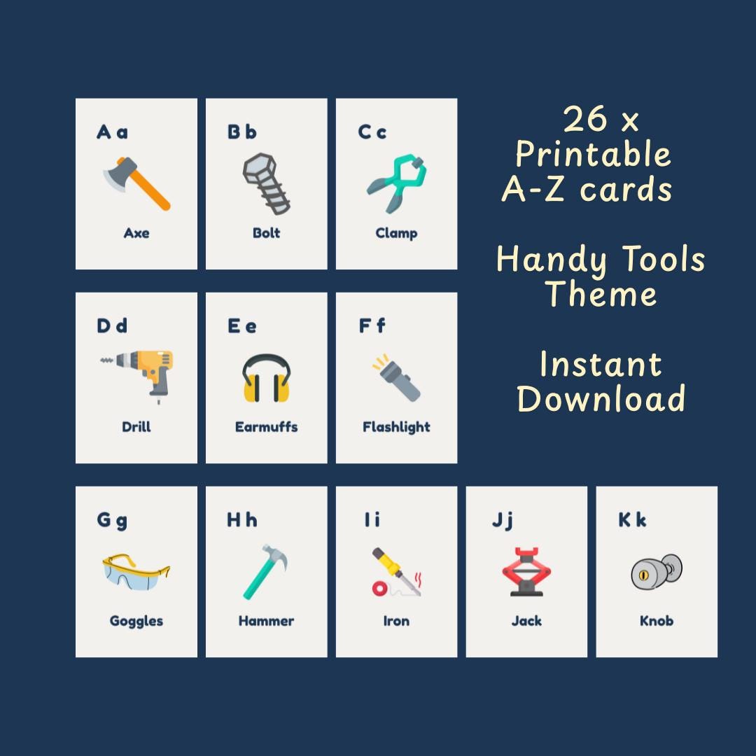 Printable ABC Alphabet Cards for Kids, Handy Tools Theme, 26 A6 Cards ...