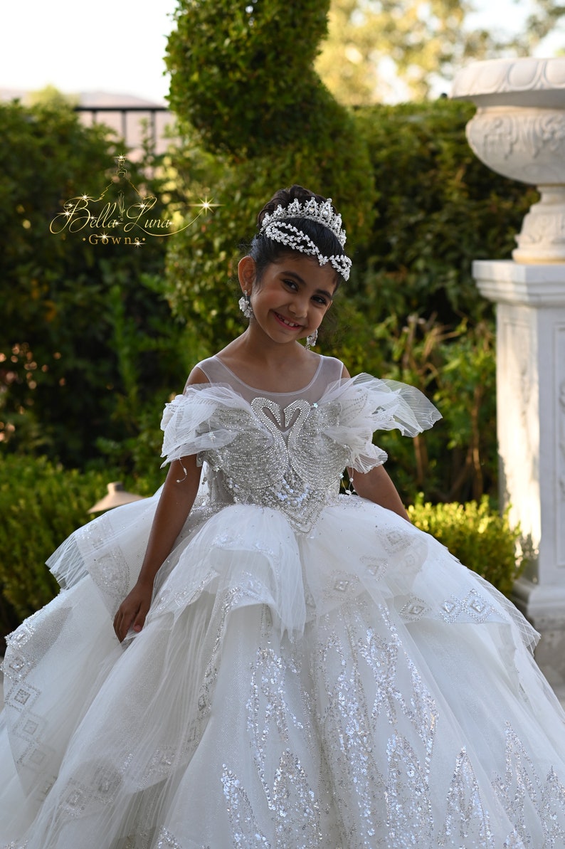 Couture Girls Beaded White Swan Princess Ball Gown Dress With Train ...