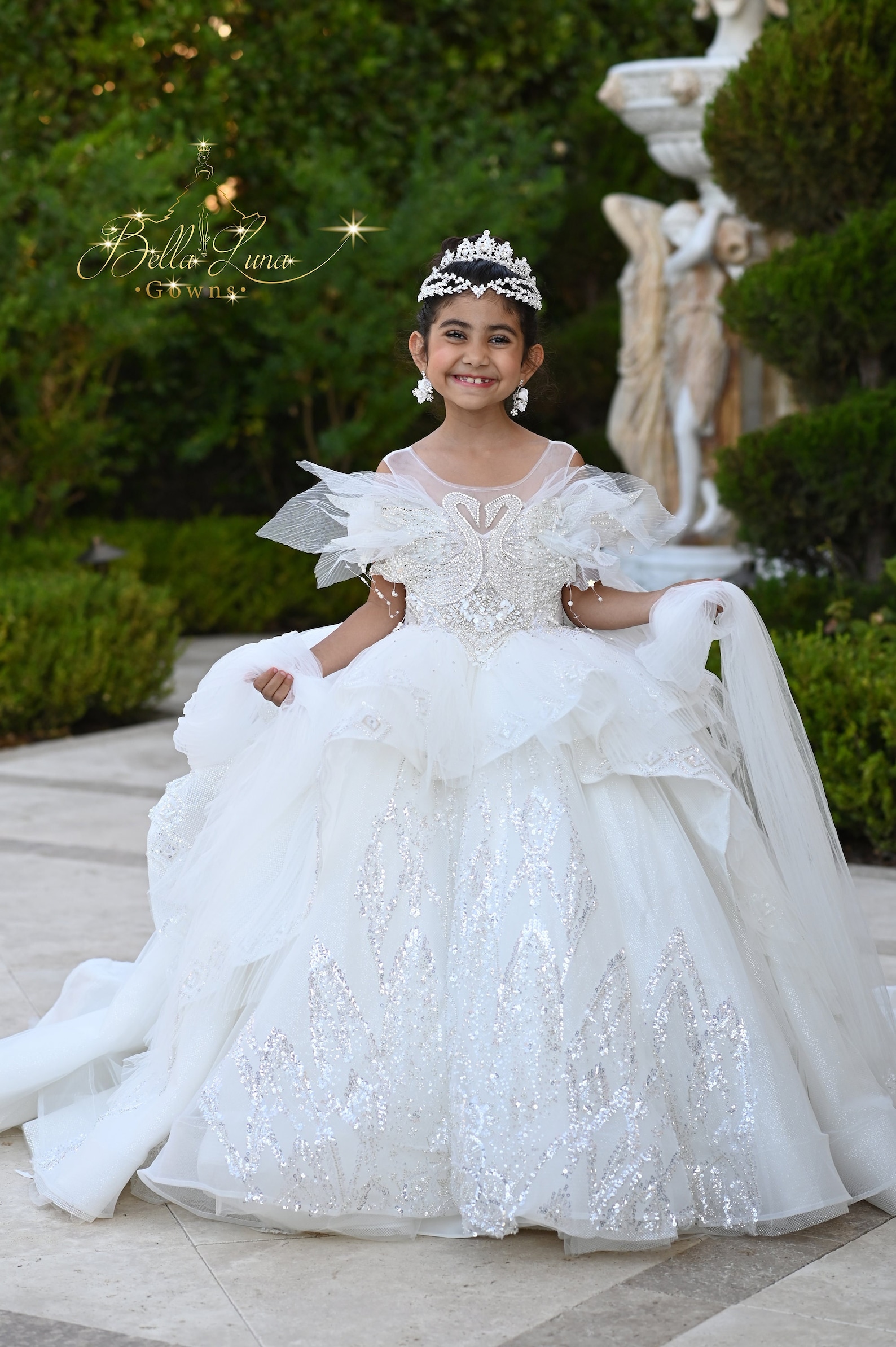 Couture Girls Beaded White Swan Princess Ball Gown Dress With Train ...