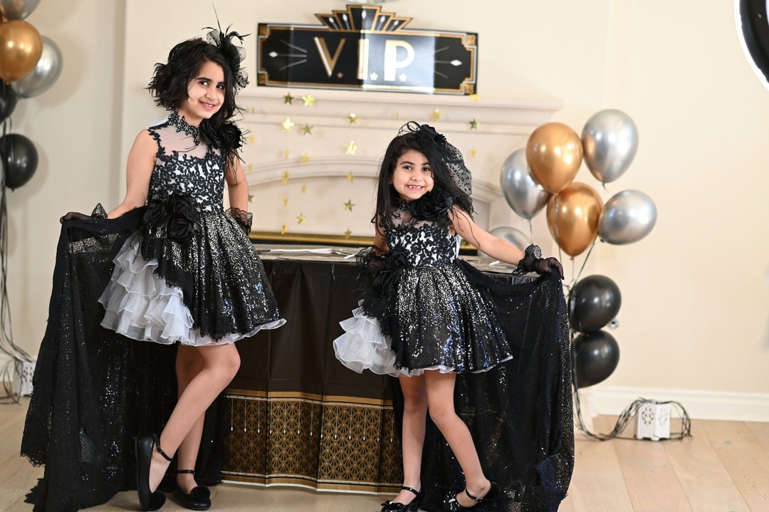 Girls Black Party Dress With Detachable Train Black Flower Girl Dress Girls Gothic Birthday