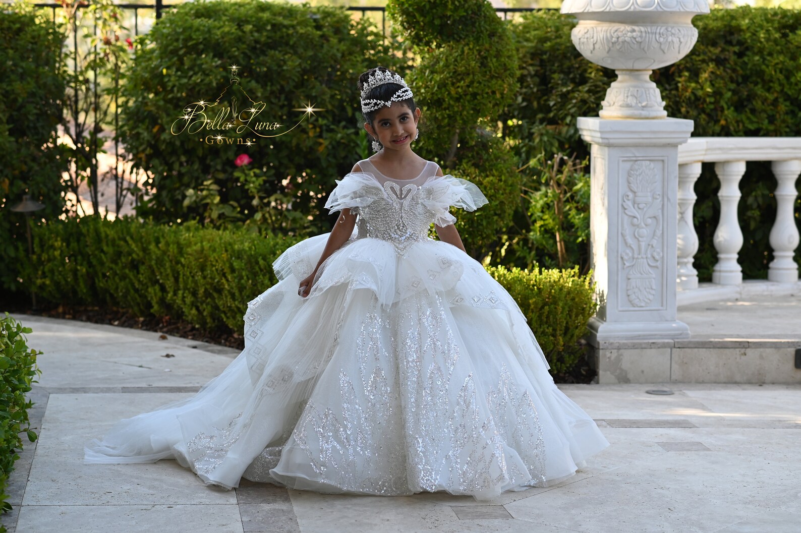 Couture Girls Beaded White Swan Princess Ball Gown Dress With Train ...