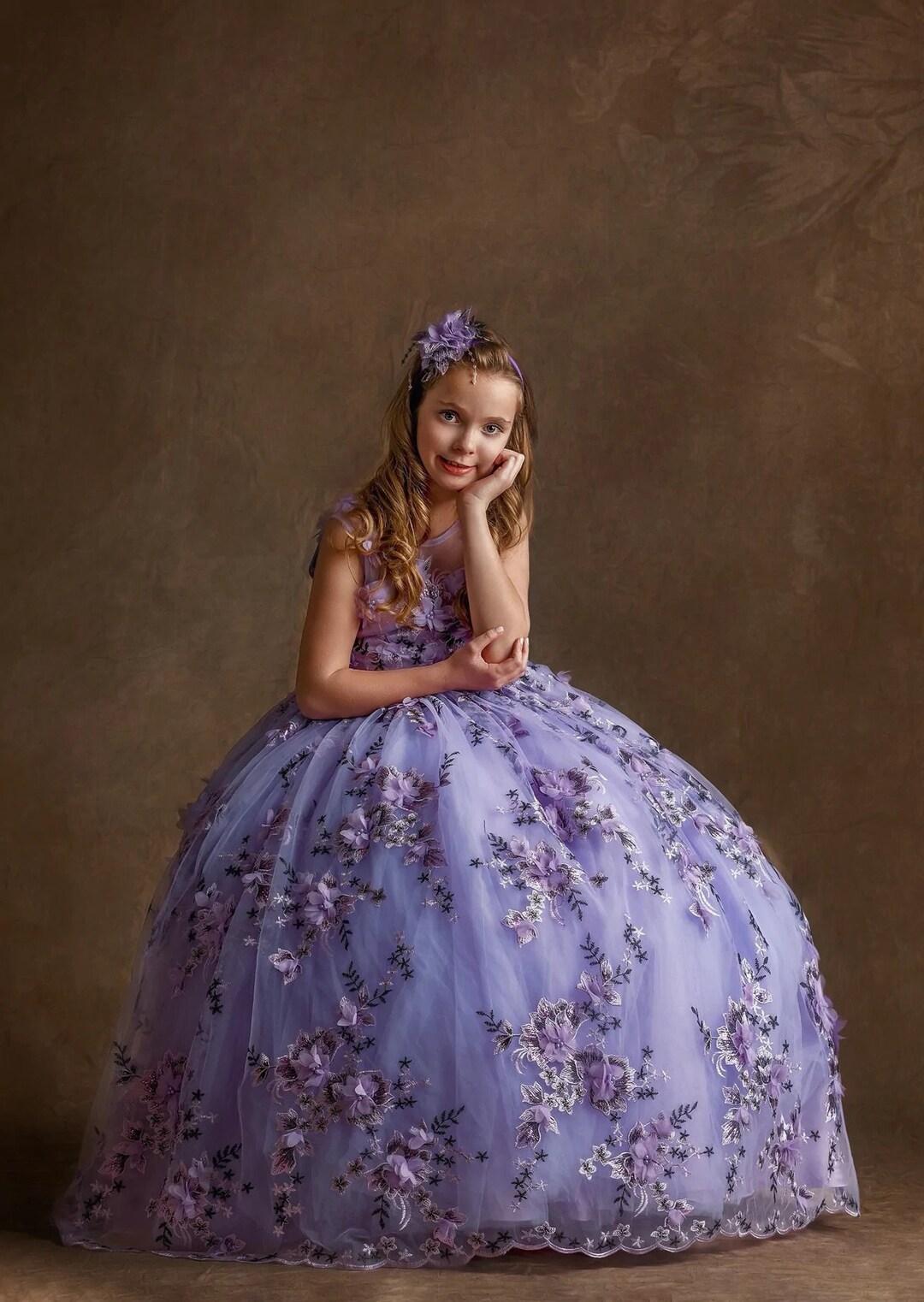 Girls Purple Ball Gown, Embroidered Flower Girl Dress, Matching ...