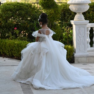 Couture Girls Beaded White Swan Princess Ball Gown Dress With Train ...