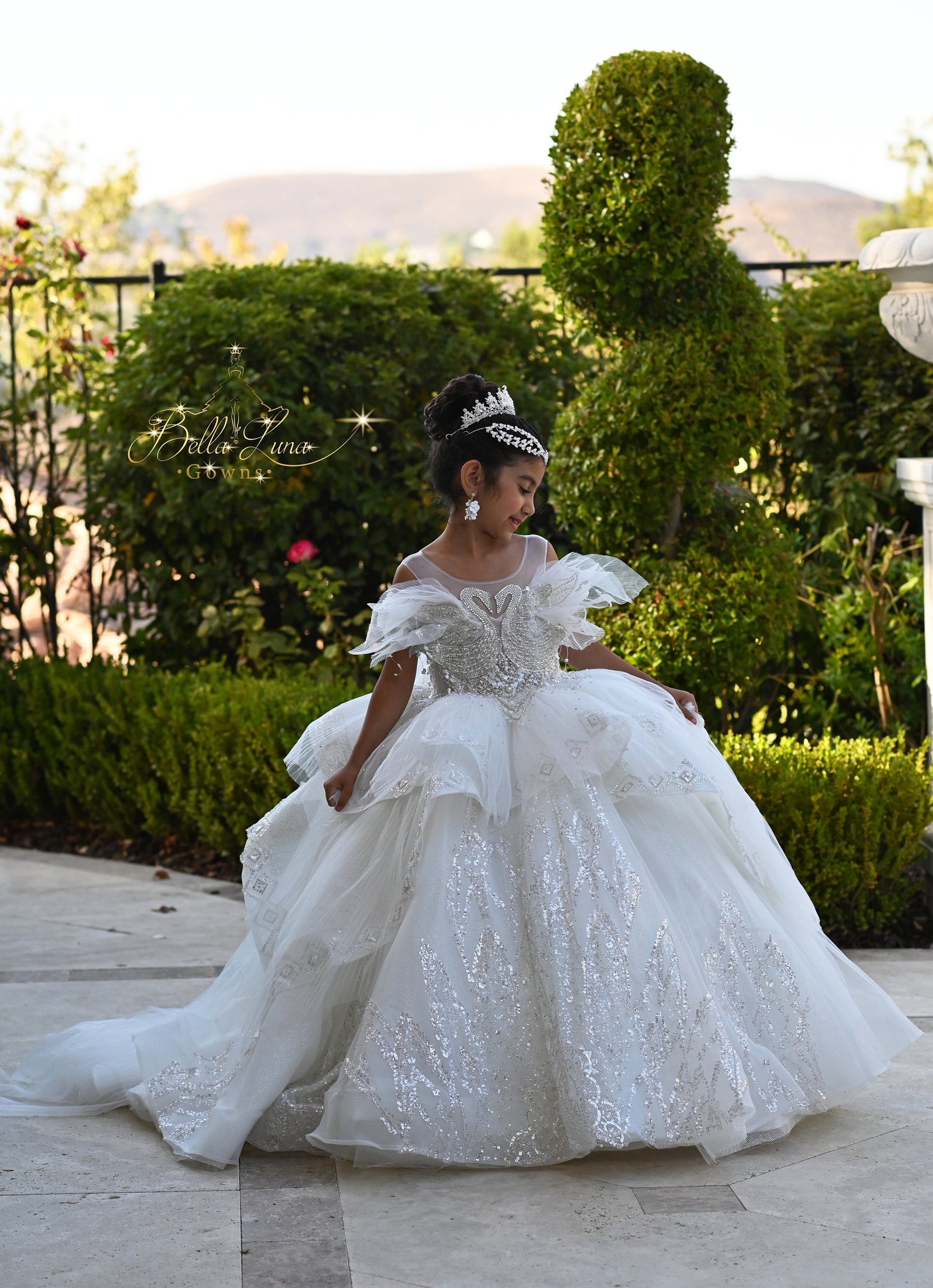 Couture Girls Beaded White Swan Princess Ball Gown Dress With Train ...