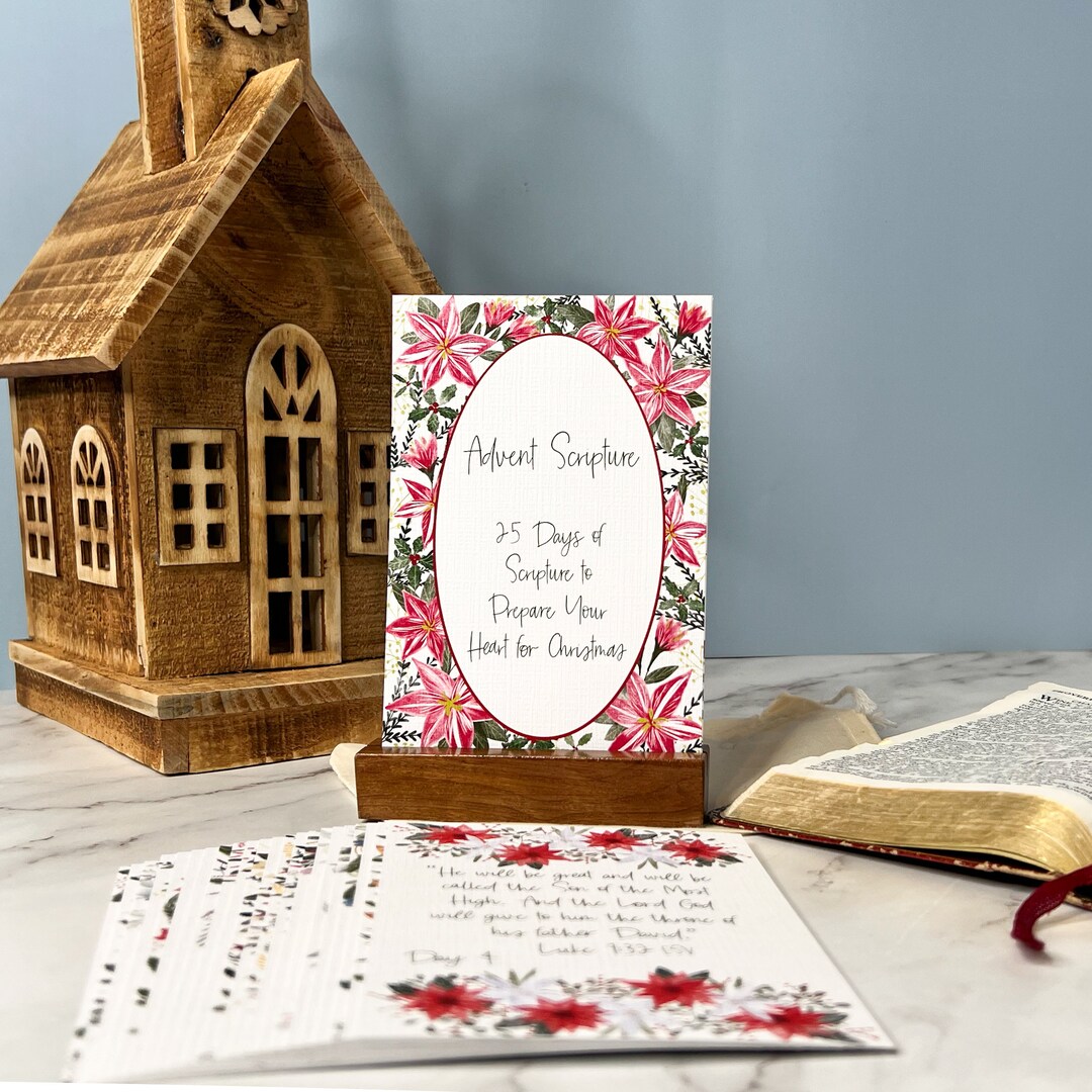 25 Advent Scripture Cards | Floral Bible Verse Set on Linen | Wooden ...