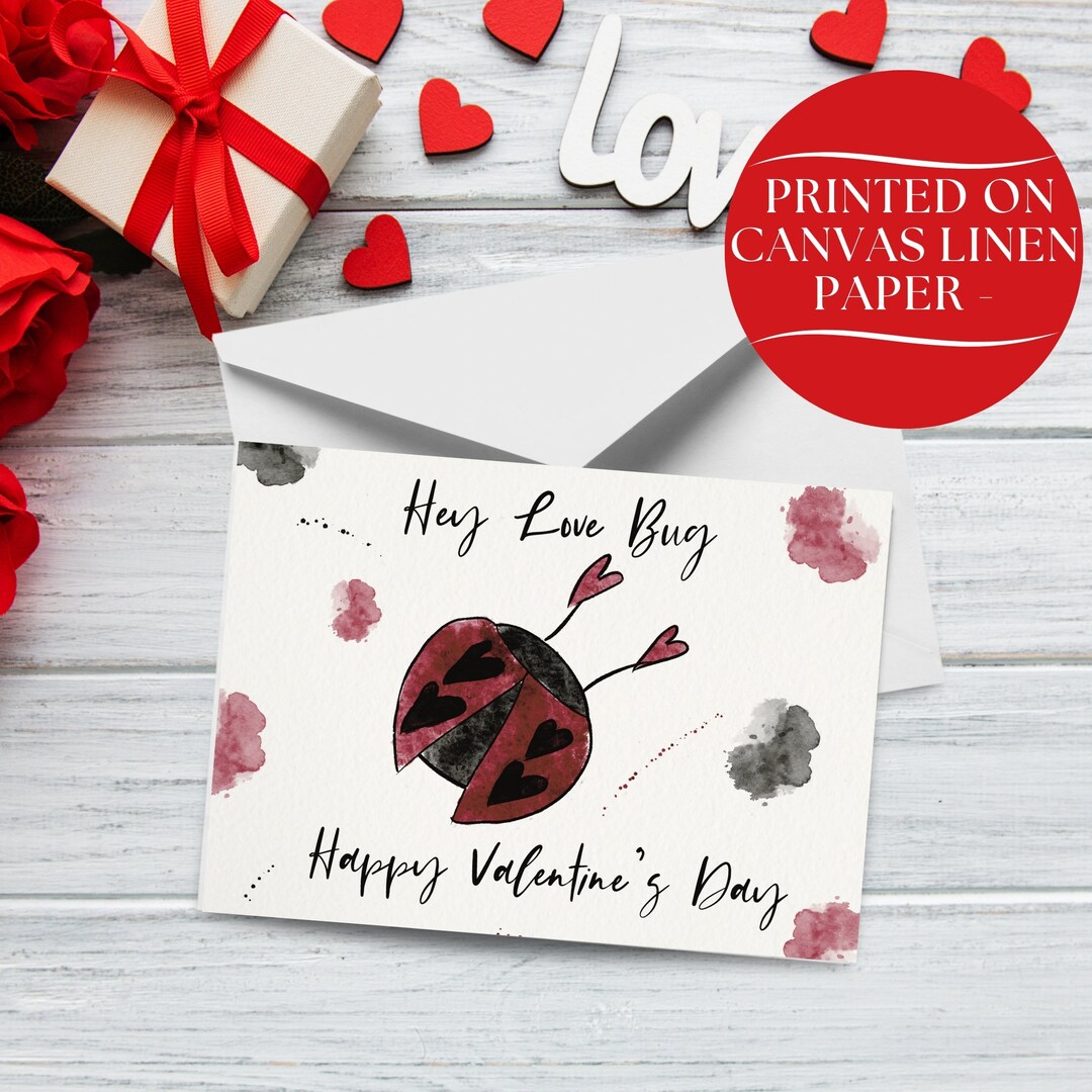 Love Bug Valentine Card | Valentine’s Day Greeting | Watercolor Linen ...