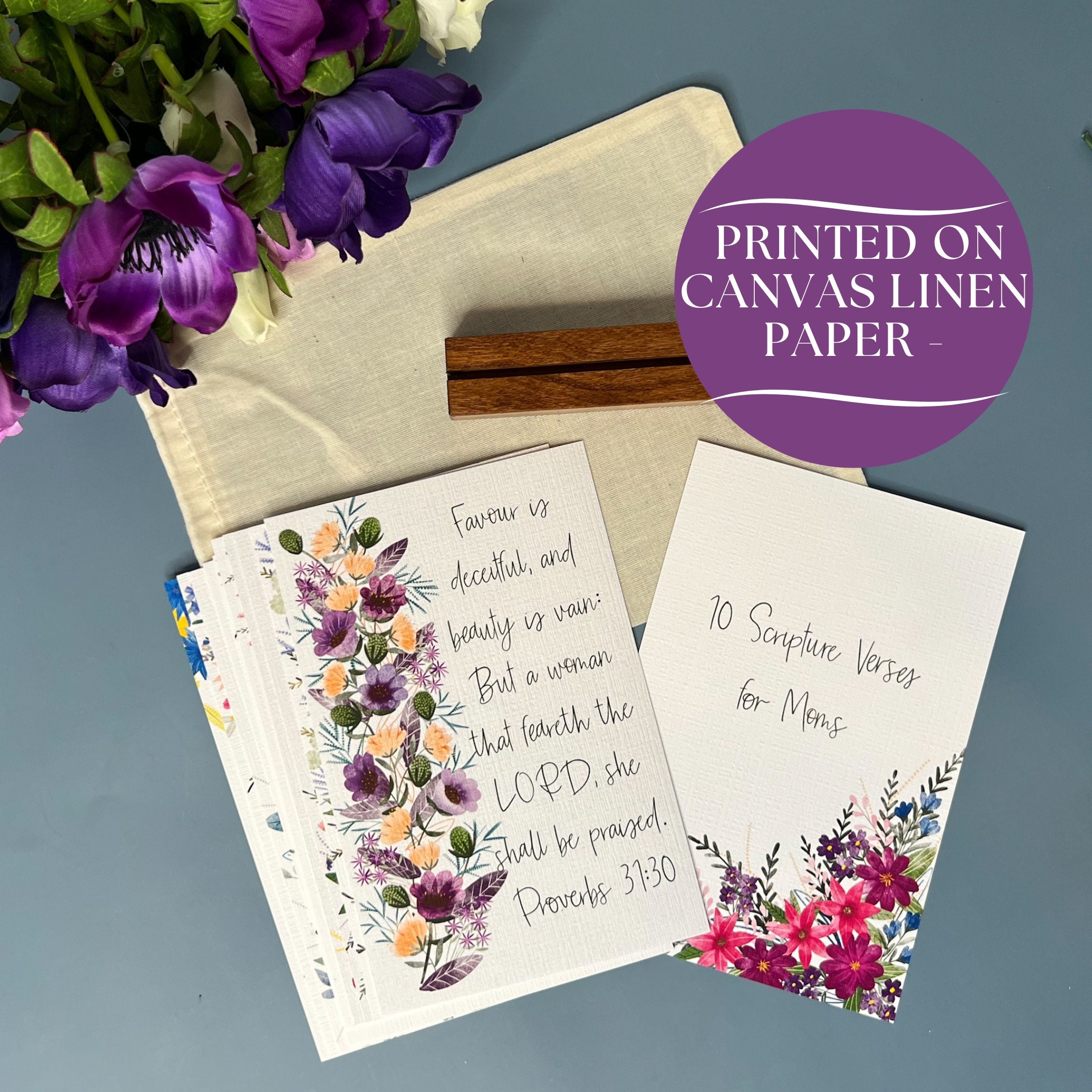 10 Scripture Verses for Moms on Linen Paper With Wooden Holder ...