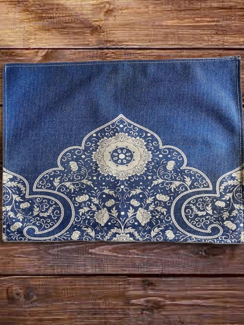 Chinoiserie Hand Painted 10 Piece Set Porcelain Print Placemat Blue and ...