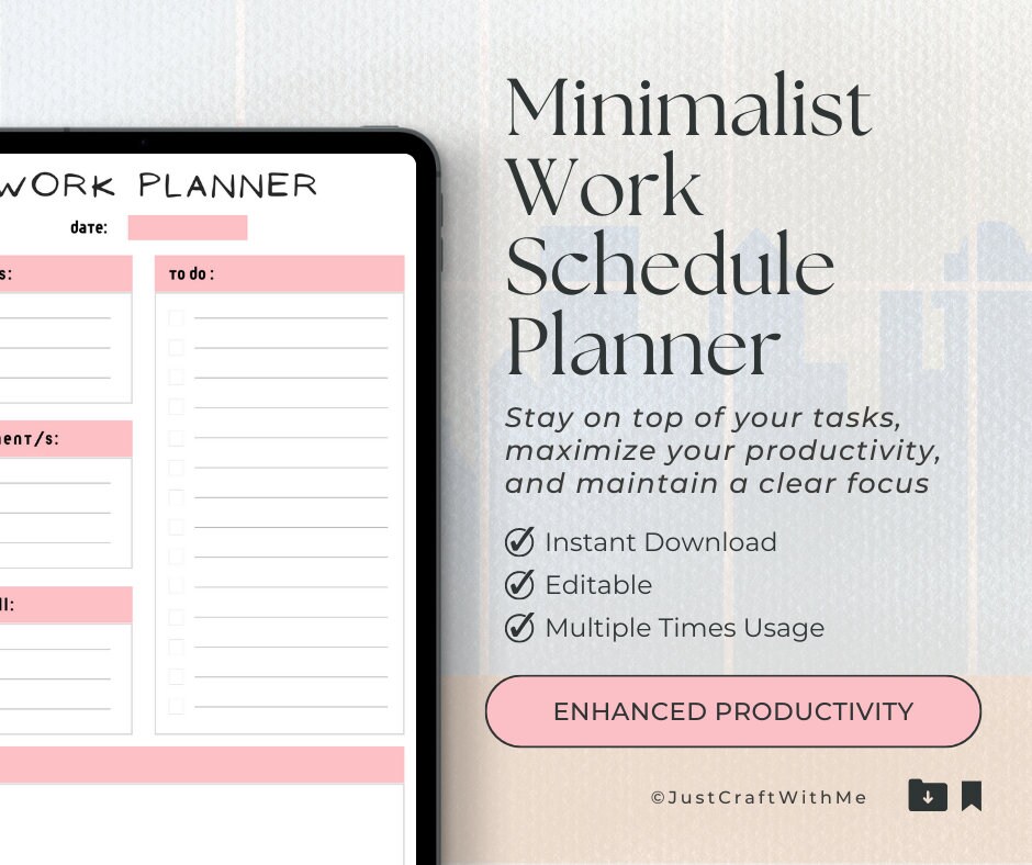 Editable Minimalist Work Schedule Planner, Productivity Organizer ...