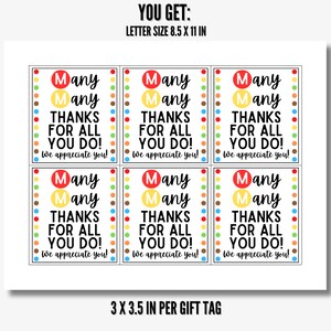 PRINTABLE M&M Gift Tags Many Many Thanks for All You Do Thank You Gift ...