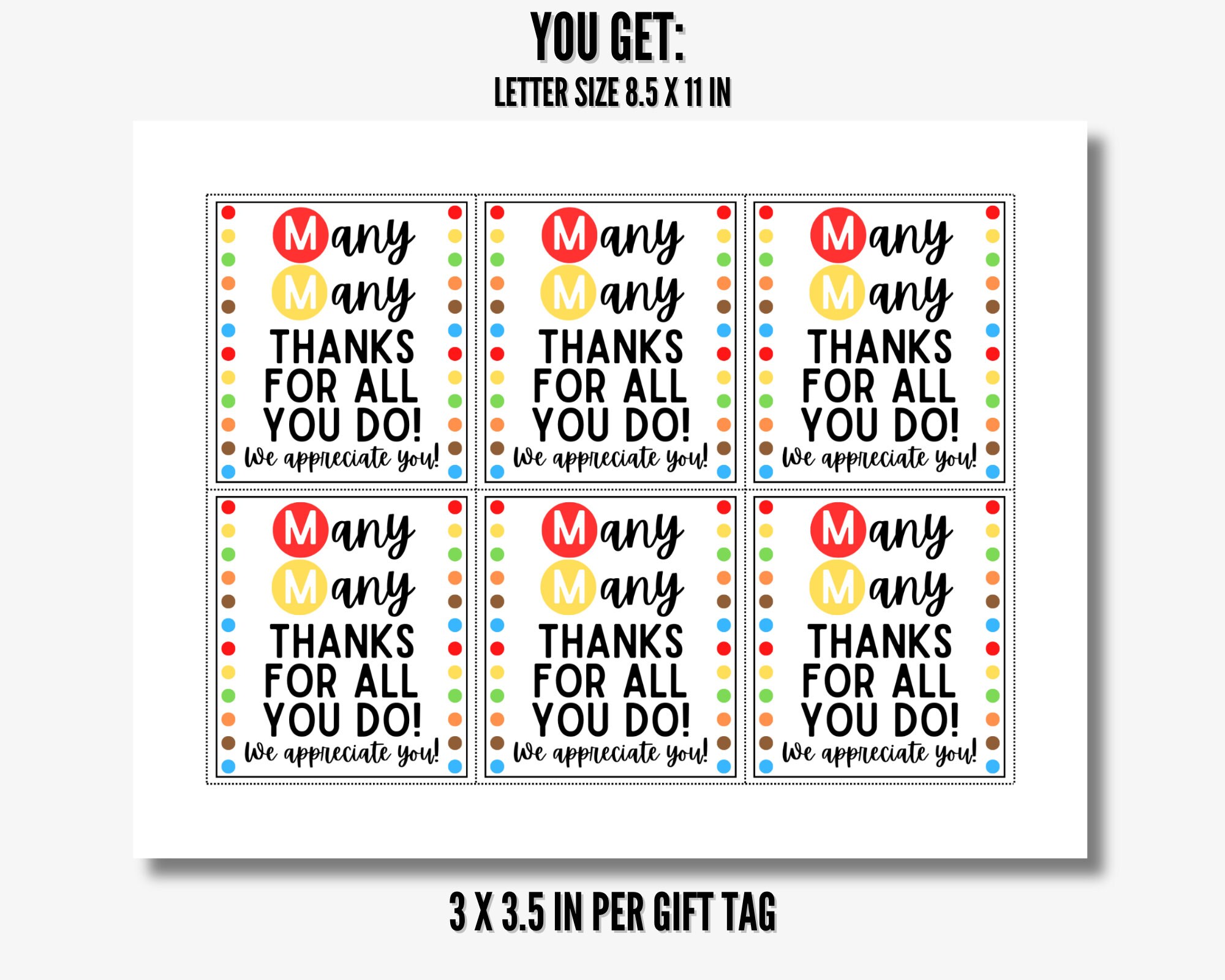 PRINTABLE M&M Gift Tags Many Many Thanks for All You Do Thank You Gift ...
