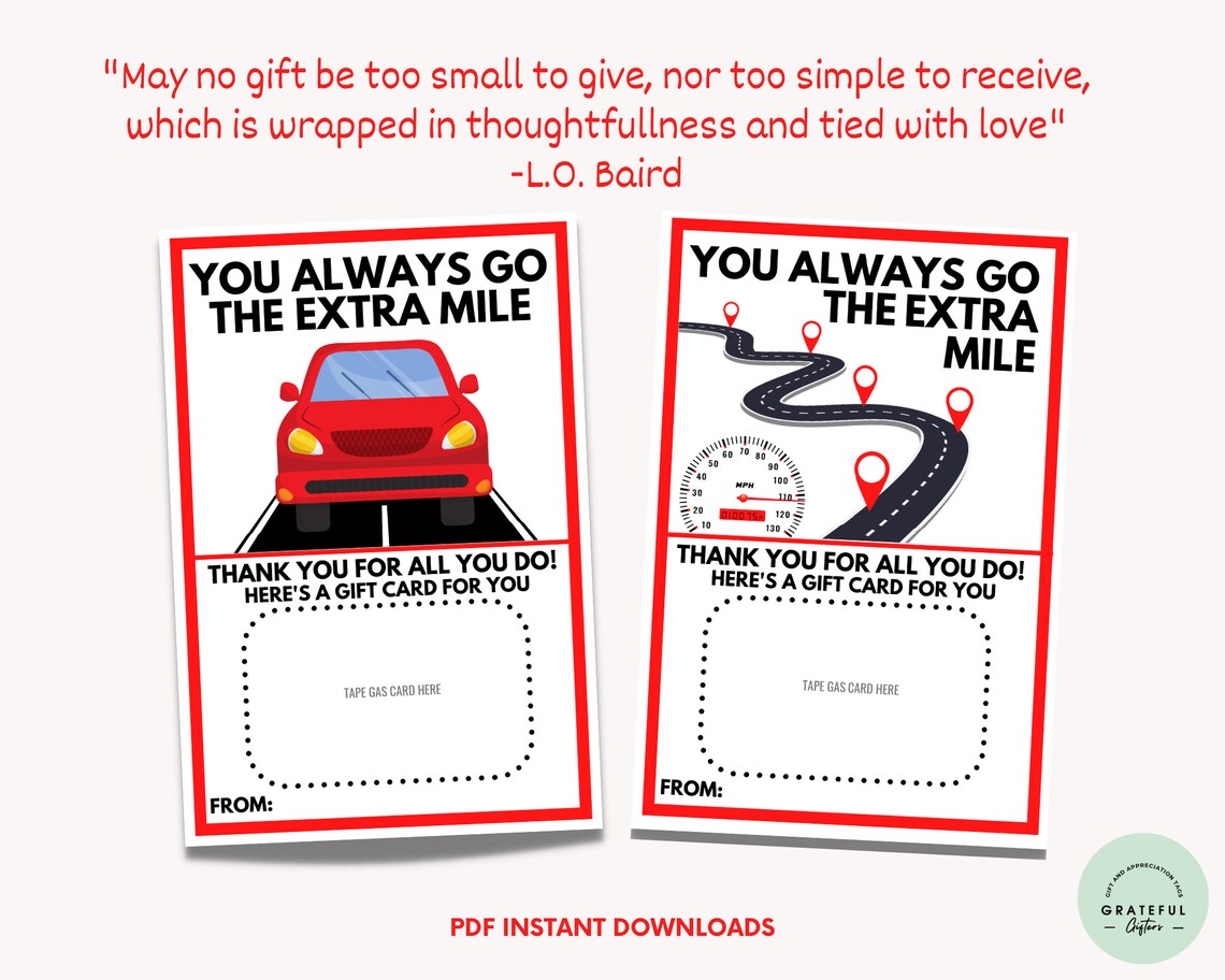 PRINTABLE You Always Go the Extra Mile Thank You Gift Tags Gas Gift ...