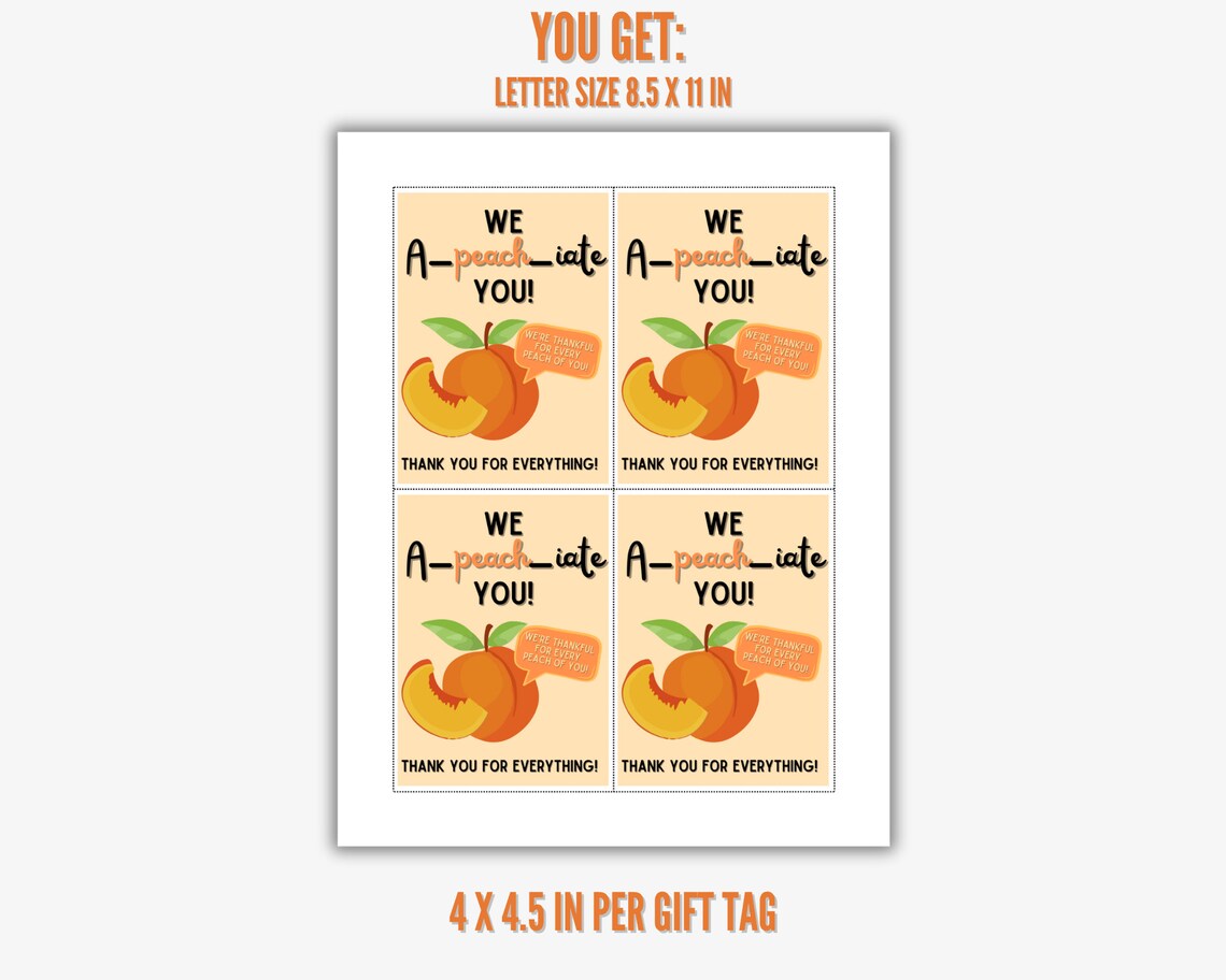 We A-peach-iate You Peach Gift Tags for Fruit Lovers Gift Tags Peach ...