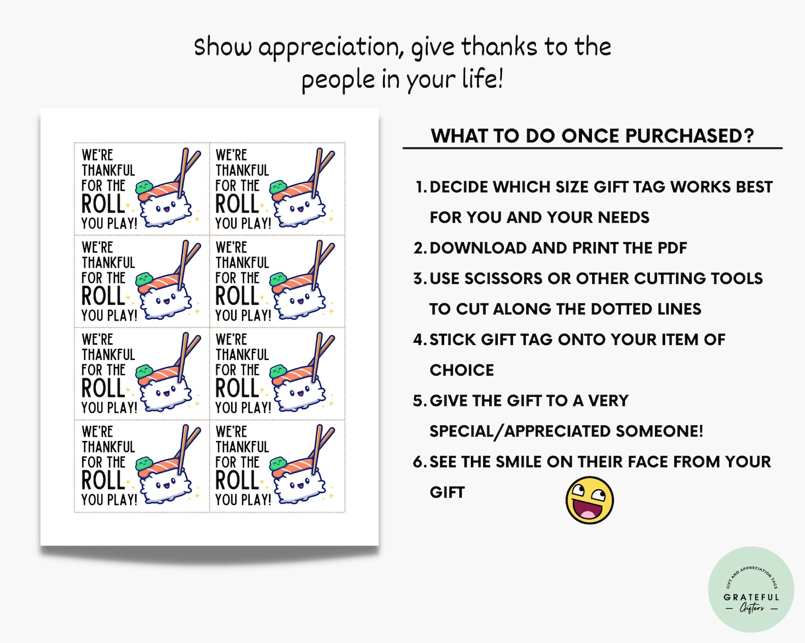 PRINTABLE We're Thankful for the ROLL You Play Appreciation Gift Tags ...