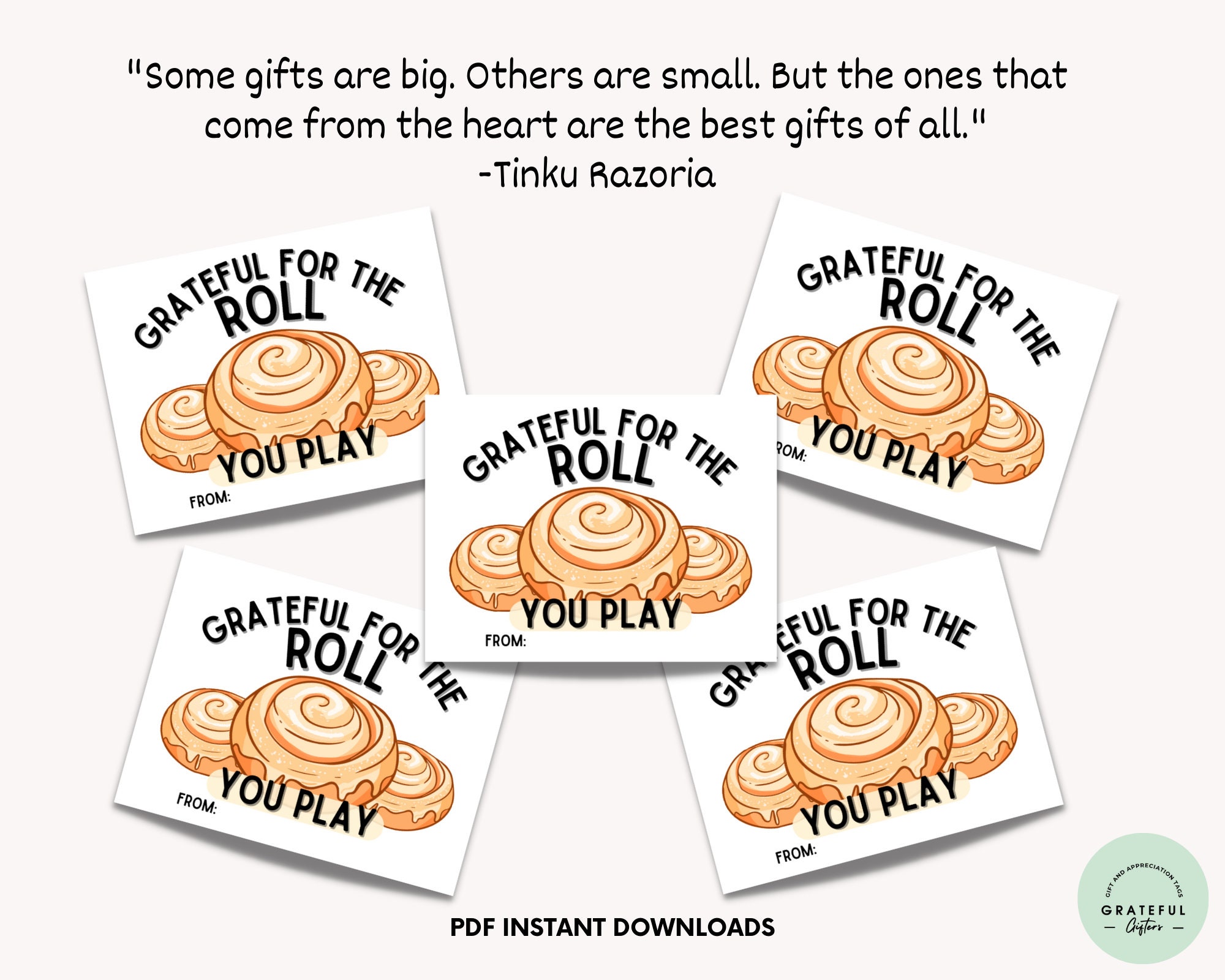 PRINTABLE Thank You Gift Tags, Grateful for the ROLL You Play ...
