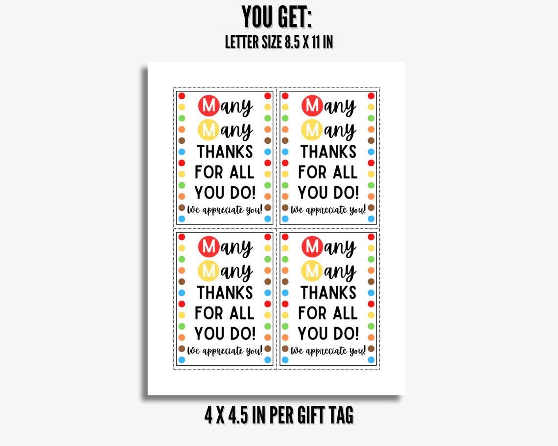 PRINTABLE M&M Gift Tags Many Many Thanks for All You Do Thank You Gift ...