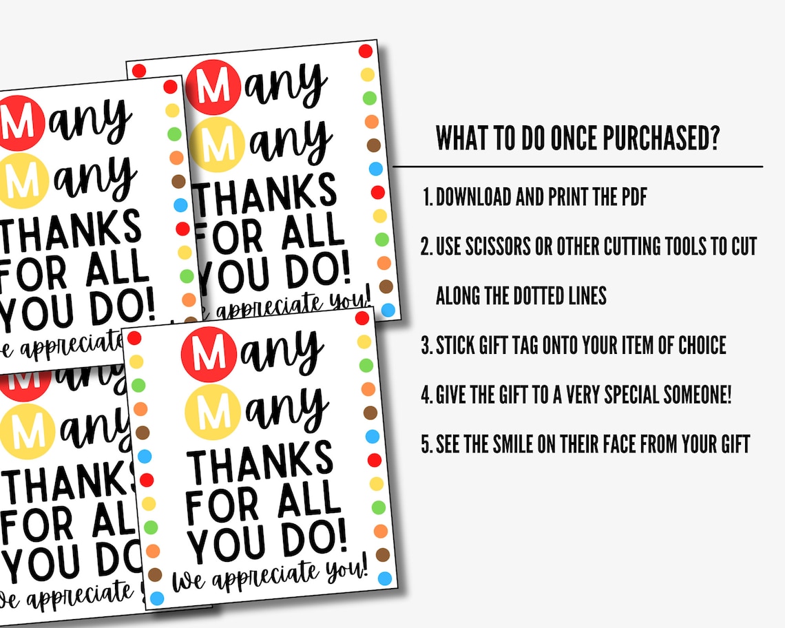 PRINTABLE M&M Gift Tags Many Many Thanks for All You Do Thank You Gift ...