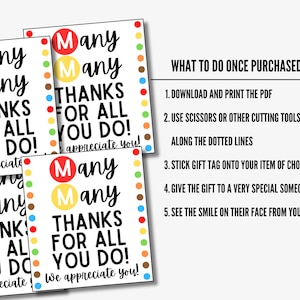 PRINTABLE M&M Gift Tags Many Many Thanks for All You Do Thank You Gift ...
