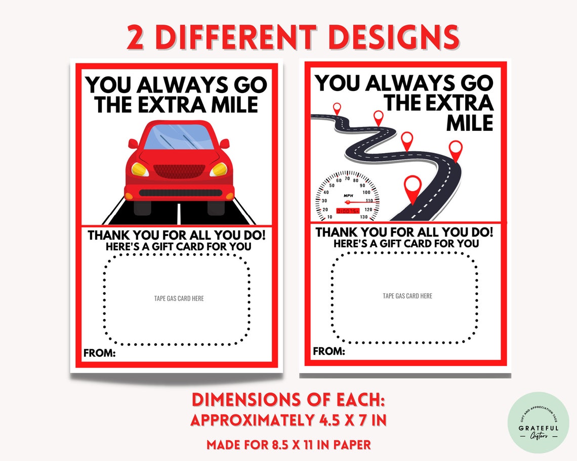 PRINTABLE You Always Go the Extra Mile Thank You Gift Tags Gas Gift ...