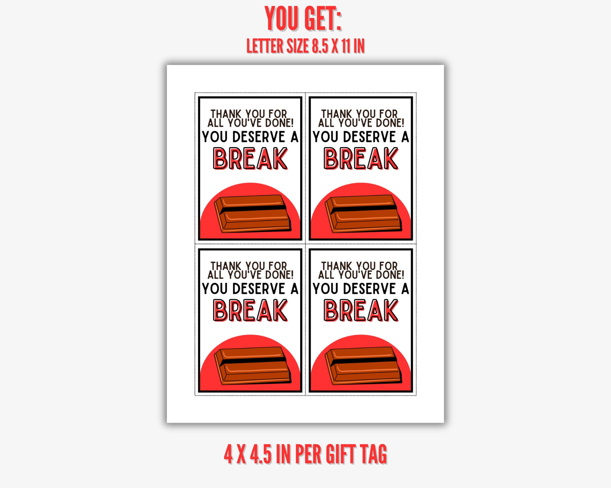 PRINTABLE You Deserve A Break, Thank You Gift Tags, Kit Kat Bar Gift ...