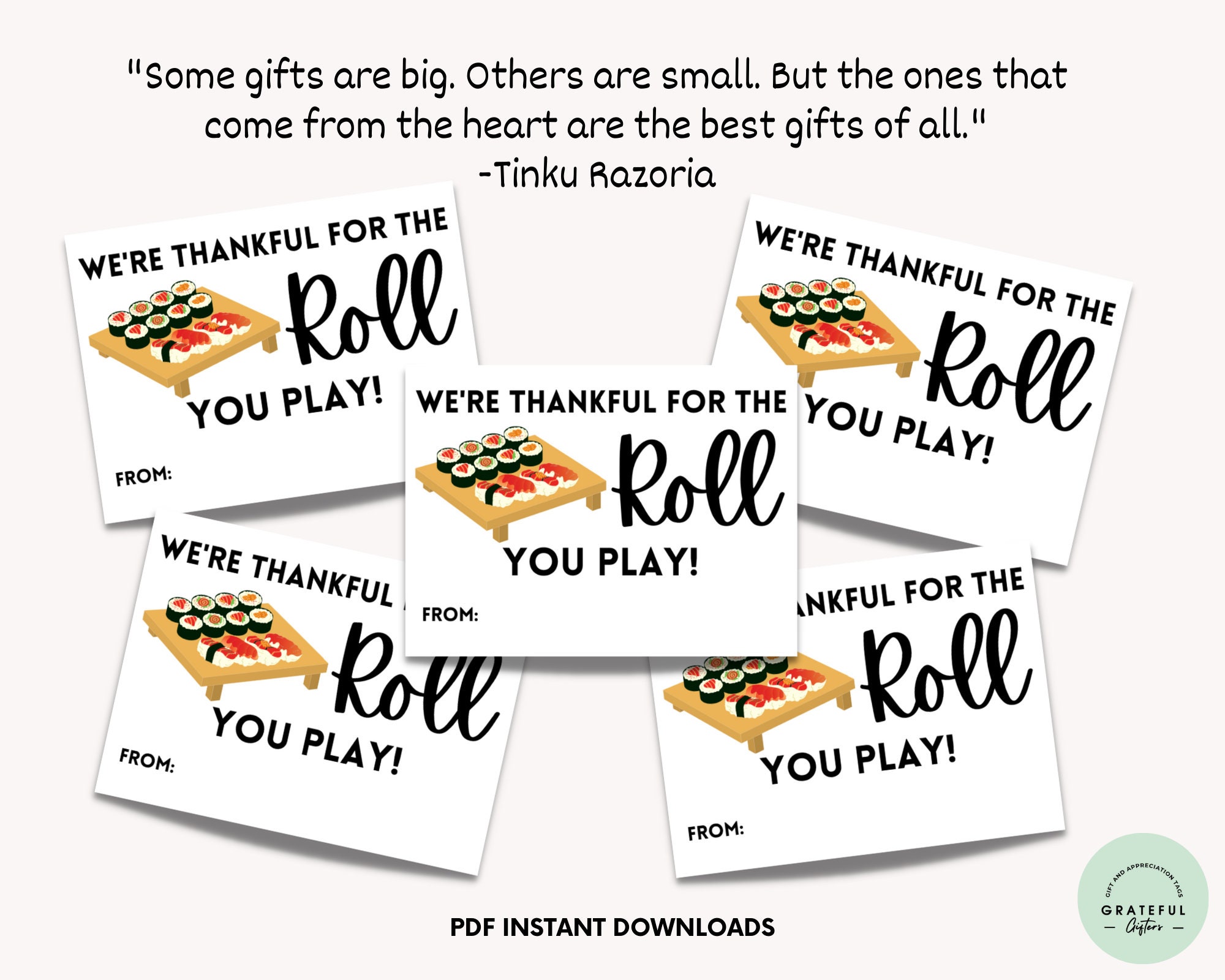 PRINTABLE We're Thankful for the ROLL You Play Cute Appreciation Gift ...
