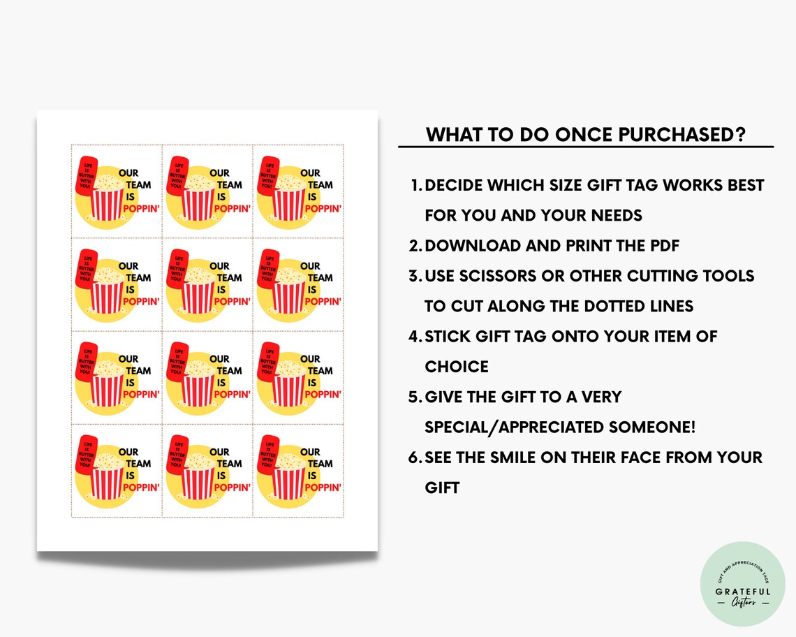 PRINTABLE Our Team is Poppin Gift Tags Popcorn Appreciation for ...