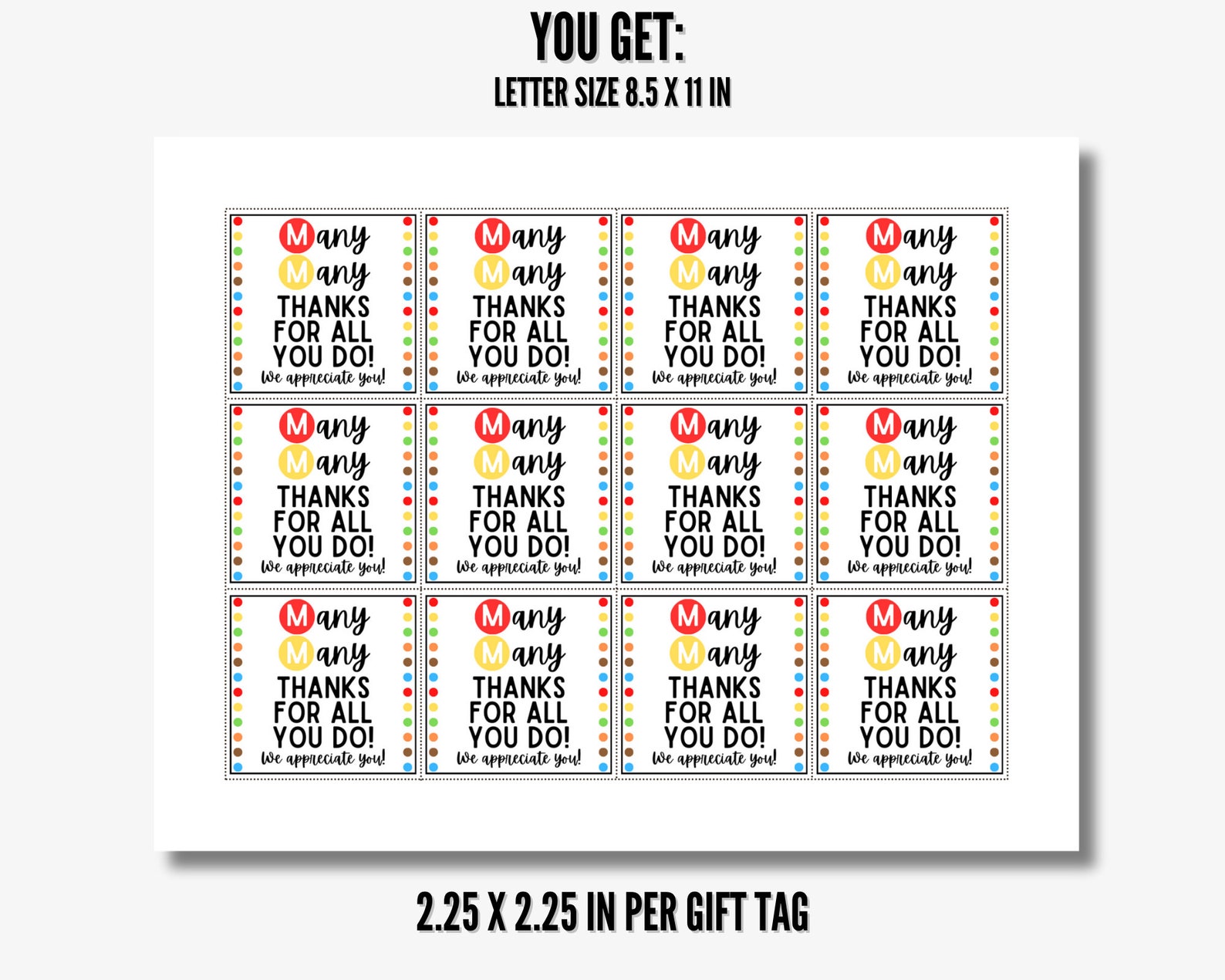 PRINTABLE M&M Gift Tags Many Many Thanks for All You Do Thank You Gift ...