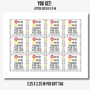 PRINTABLE M&M Gift Tags Many Many Thanks for All You Do Thank You Gift ...