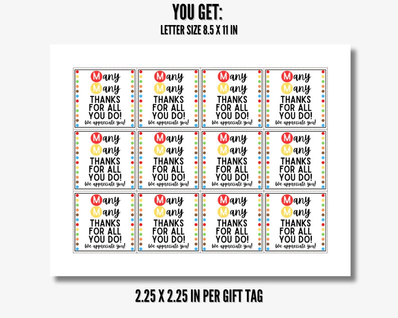 PRINTABLE M&M Gift Tags Many Many Thanks for All You Do Thank You Gift ...
