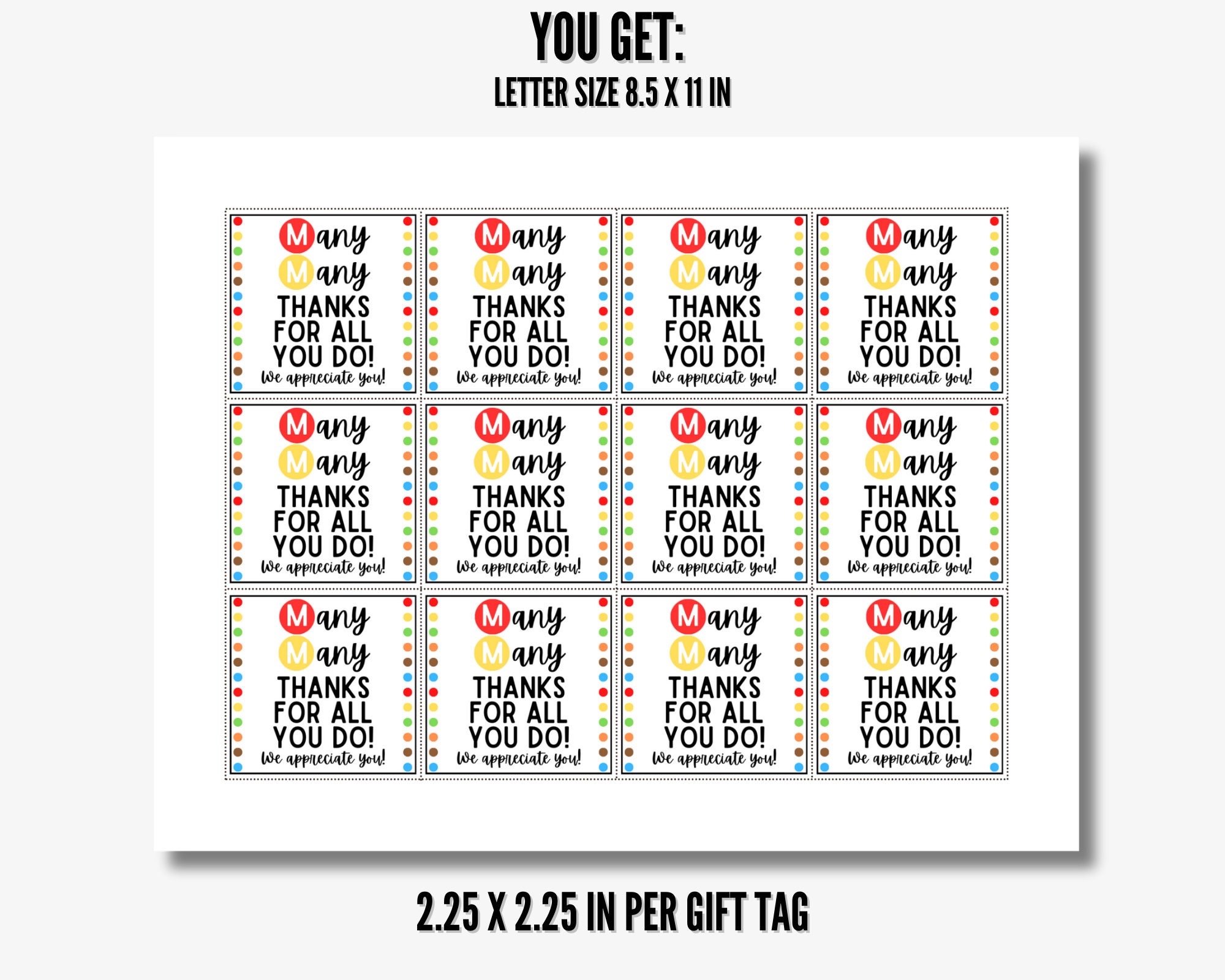 PRINTABLE M&M Gift Tags Many Many Thanks for All You Do Thank You Gift ...