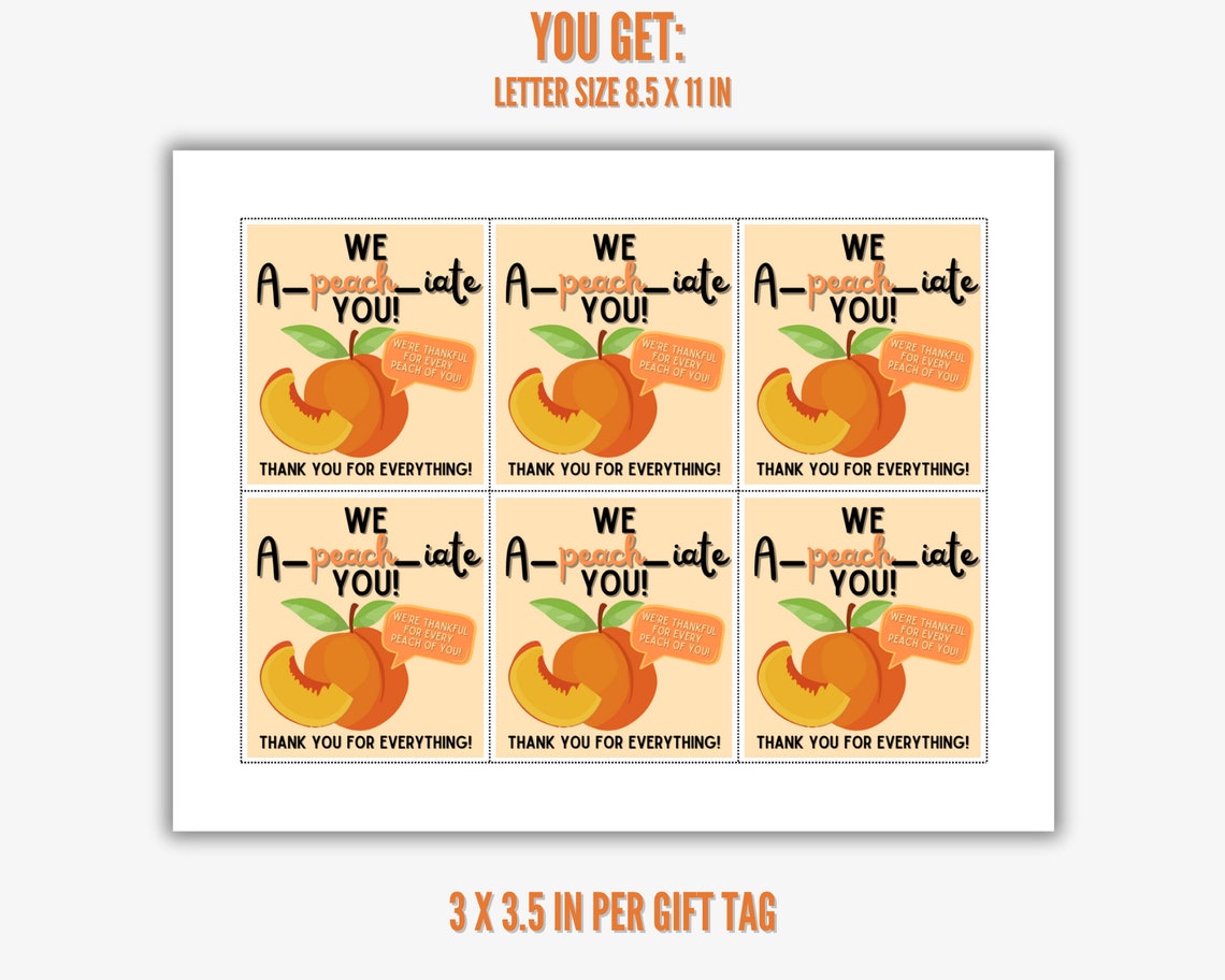 We A-peach-iate You Peach Gift Tags for Fruit Lovers Gift Tags Peach ...