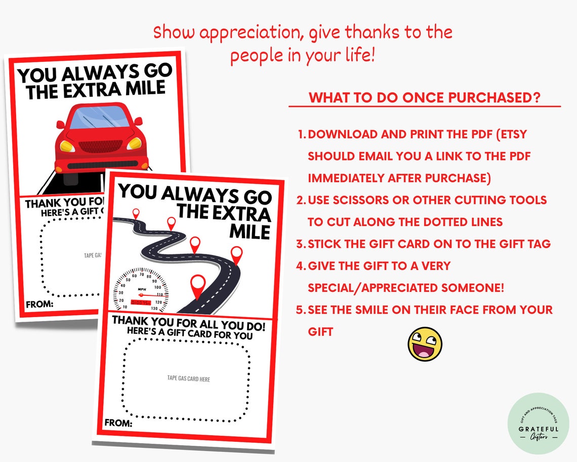 PRINTABLE You Always Go the Extra Mile Thank You Gift Tags Gas Gift ...