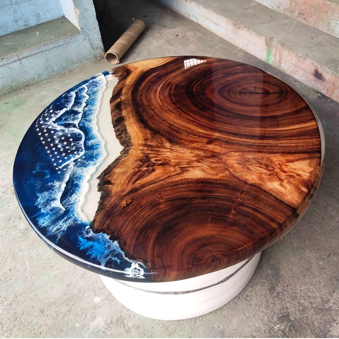 Round Wood Table With Resin, Round Epoxy Table, Blue Decor Epoxy Table ...